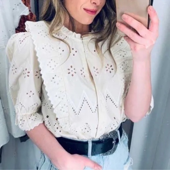 Zara | Tops | Zara Beige Eyelet Openwork Embroidered Top Sz M | Poshmark